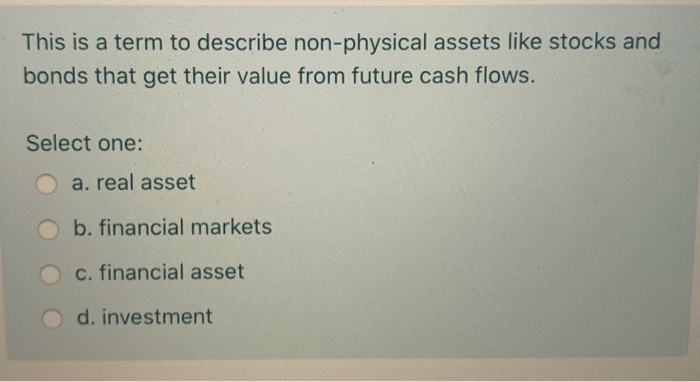 Solved This is a term to describe non-physical assets like | Chegg.com