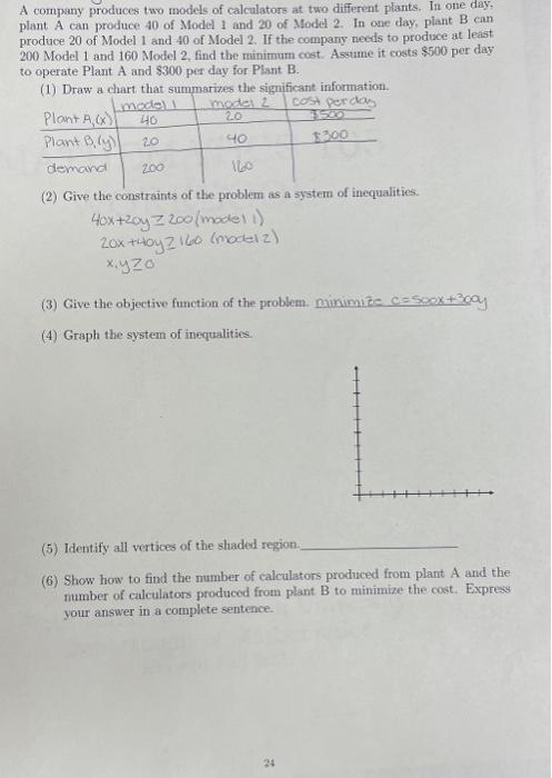 Solved A company produces two models of calculators at two | Chegg.com