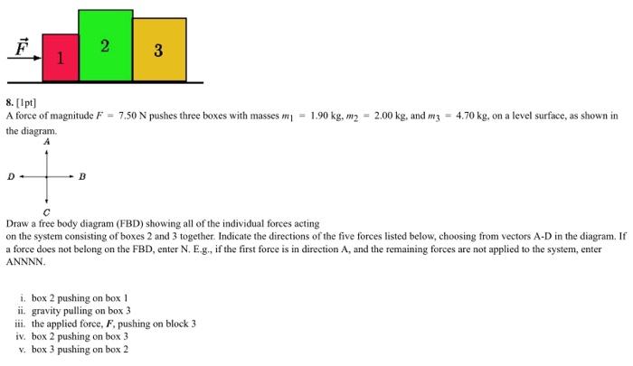 Solved A force of magnitude F=7.50 N pushes three boxes with | Chegg.com