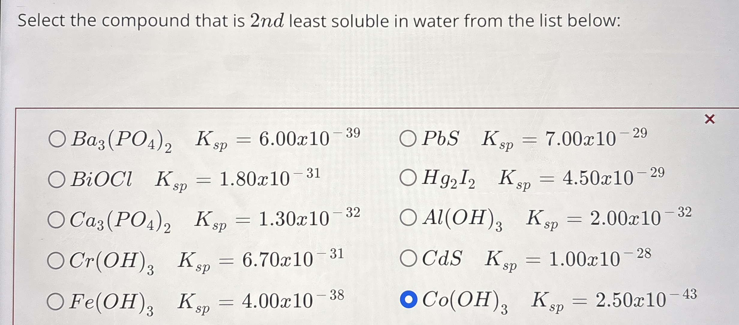 Solved Select the compound that is 2nd ﻿least soluble in | Chegg.com