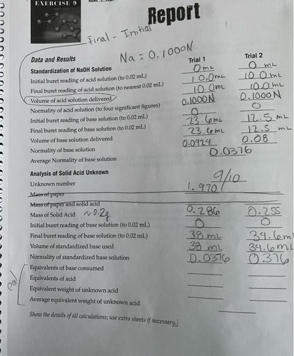 Solved EXERCISE 9 -Final - Initial Report Mass of paper Mass | Chegg.com