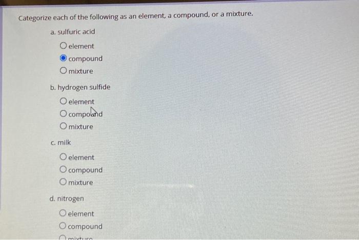 Solved Categorize each of the following as an element, a | Chegg.com