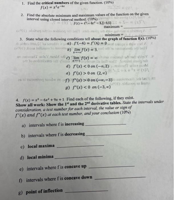 Solved 1. Find the critical numbers of the given function. | Chegg.com