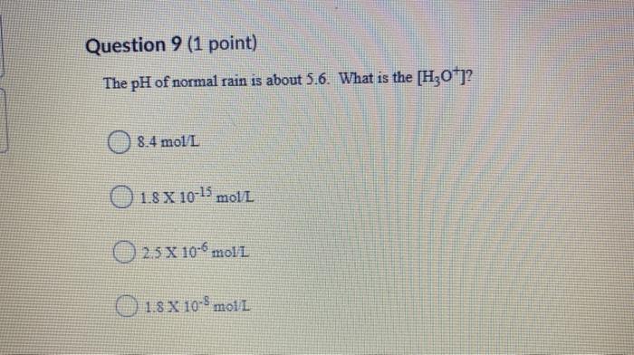 Solved Question 9 (1 point) The pH of normal rain is about | Chegg.com