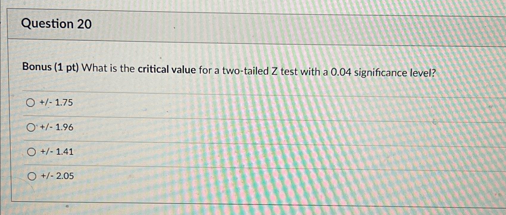 Solved Question 20Bonus (1 ﻿pt) ﻿What is the critical value | Chegg.com