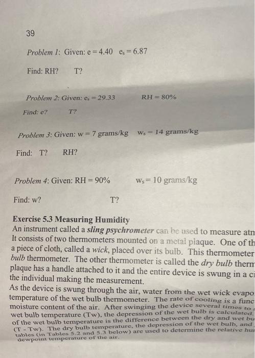 Solved Problem 1: Given: e =4.40es=6.87 Find: RH ? T? | Chegg.com