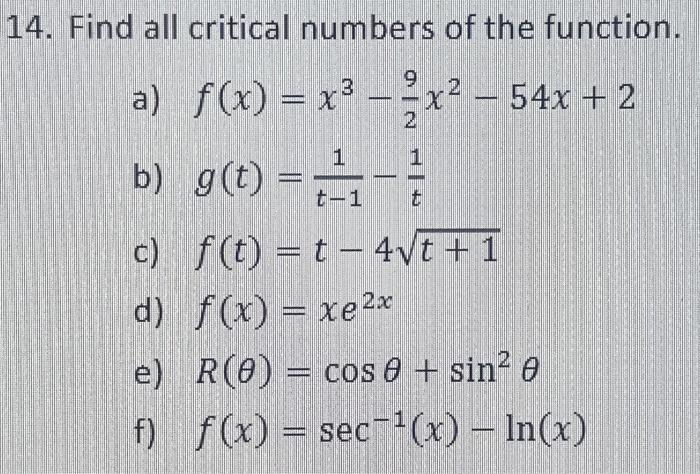 Solved 14. Find all critical numbers of the function. a) | Chegg.com