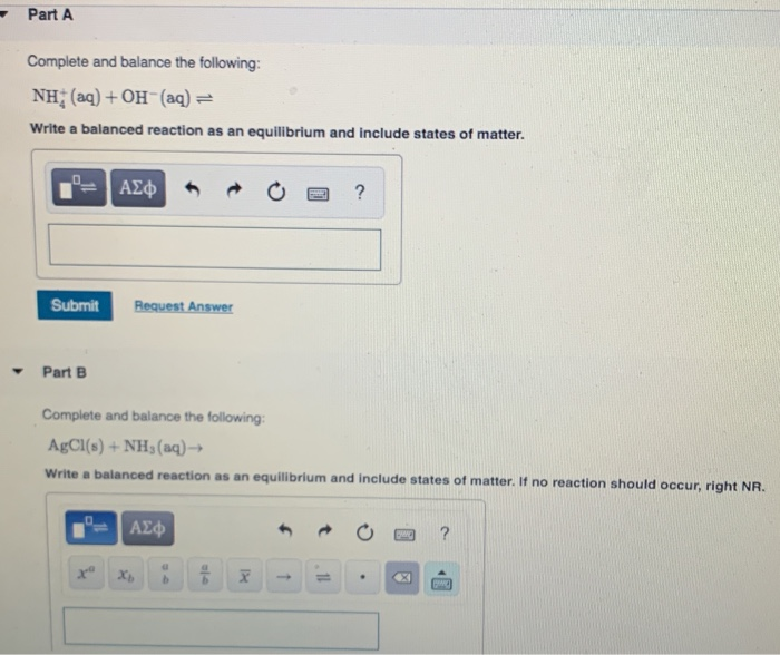 Solved Part A Complete and balance the following: NH, (aq) + | Chegg.com