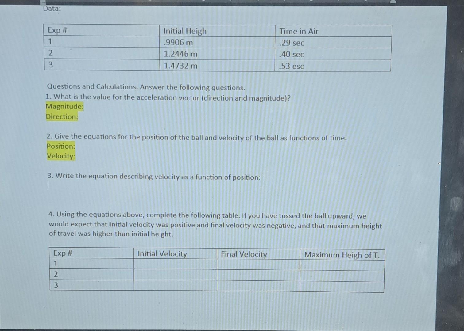 Questions and Calculations. Answer the following | Chegg.com