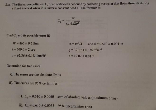 2.a. The discharge coefficient C, of an orifice can | Chegg.com