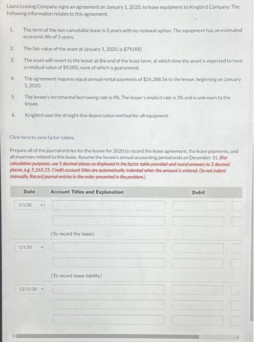 Solved Laura Leasing Company signs an agreement on January | Chegg.com