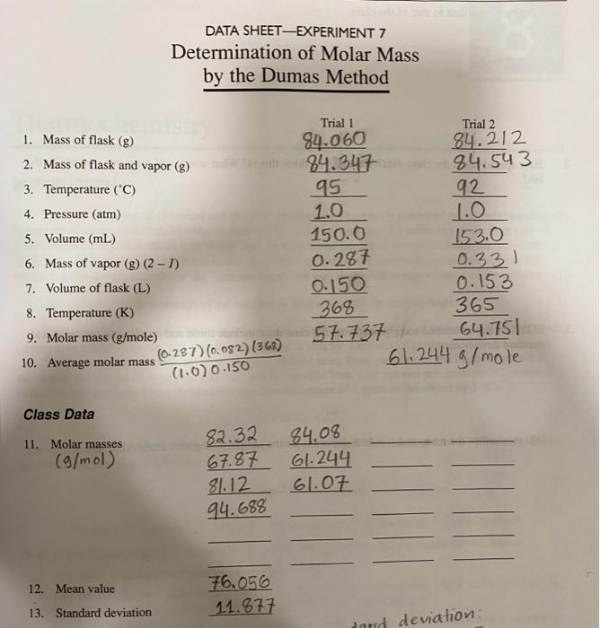 Solved DATA SHEET—EXPERIMENT 7 Determination of Molar Mass | Chegg.com