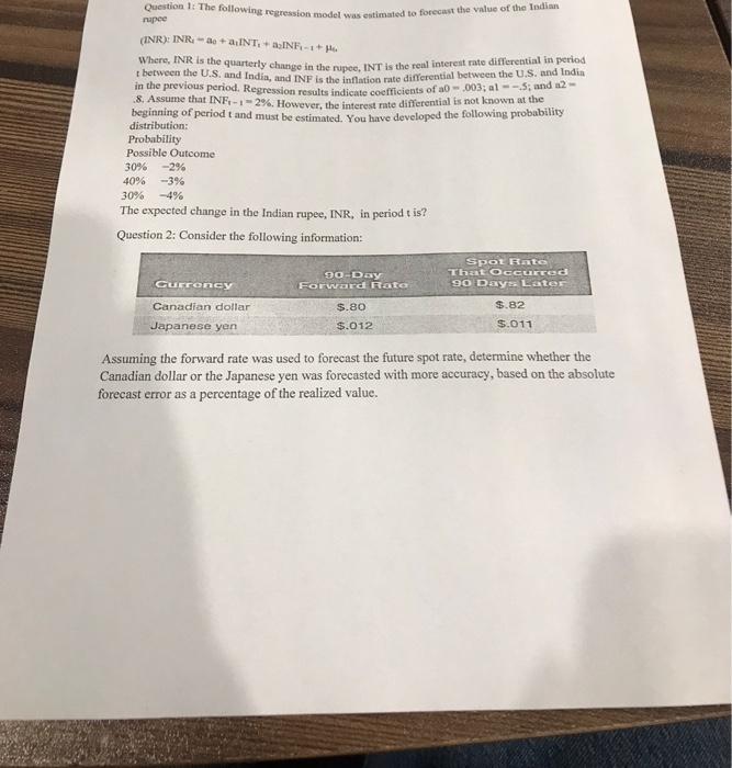 Solved Question 1 The Following Regression Model Was 6409