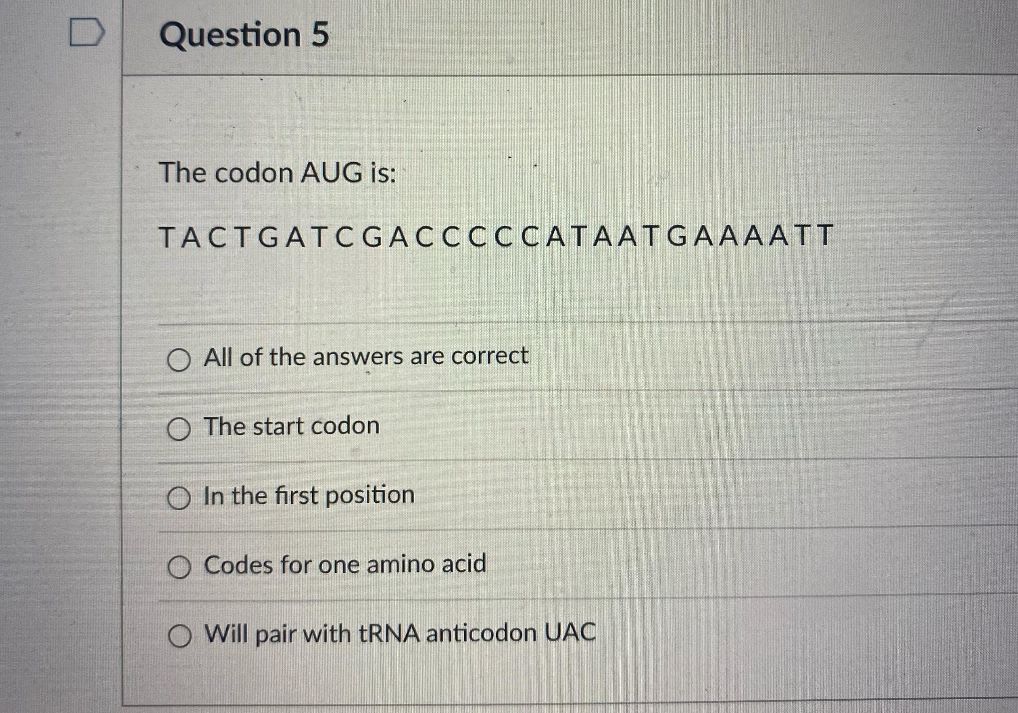 Solved Question 5The codon AUG is: | Chegg.com