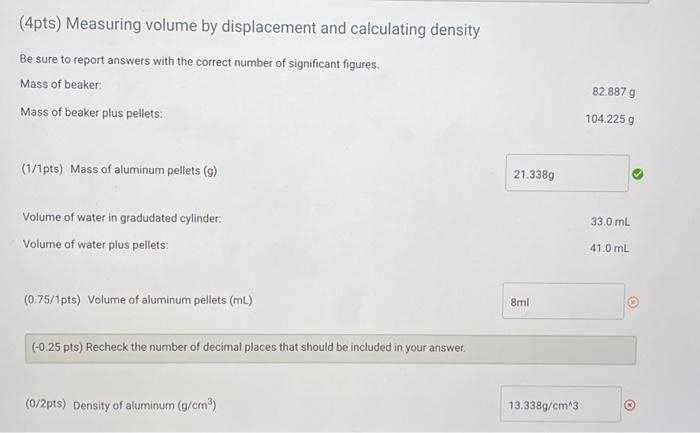 Solved (4pts) Measuring volume by displacement and | Chegg.com