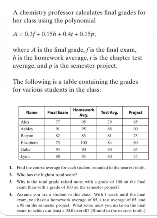 Solved A chemistry professor calculates final grades for her | Chegg.com