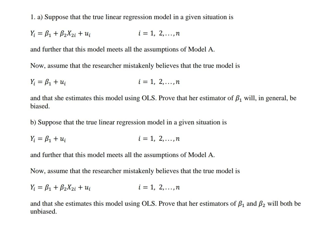 Solved 1. a) Suppose that the true linear regression model | Chegg.com