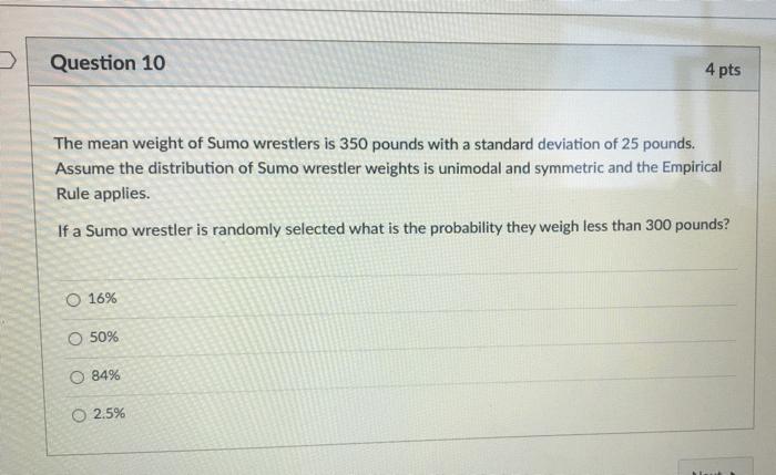 Solved Question 10 4 pts The mean weight of Sumo wrestlers | Chegg.com