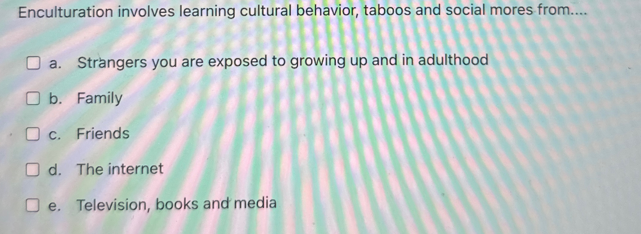 Solved Enculturation involves learning cultural behavior, | Chegg.com