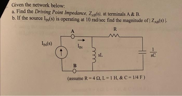 Solved Given the network below: a. Find the Driving Point | Chegg.com