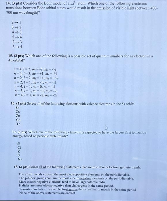 Solved 14. (3 pts) Consider the Bohr model of a Li²+ atom. | Chegg.com