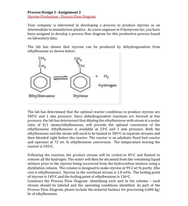 Solved Process Design 1- Assignment 2 Styrene Production - | Chegg.com