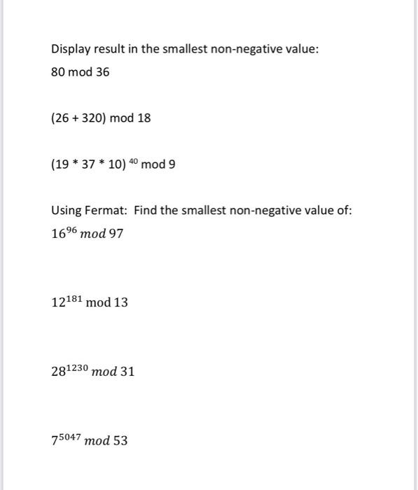 Solved Display result in the smallest non-negative value: | Chegg.com