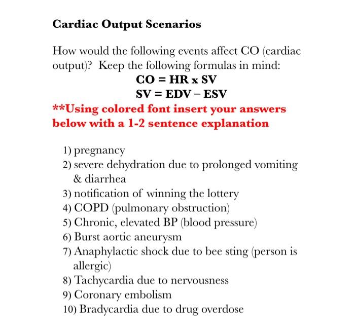 Solved Cardiac Output Scenarios How would the following | Chegg.com