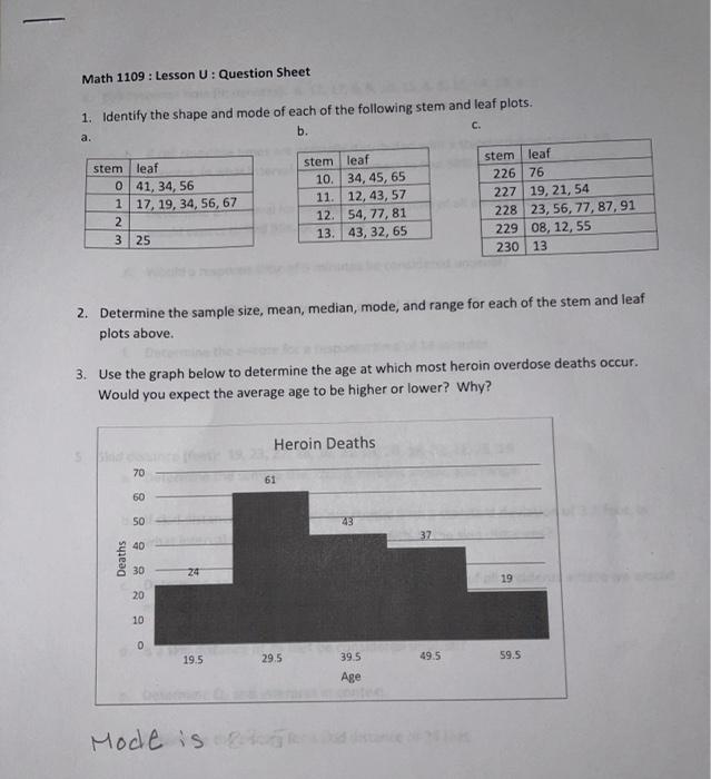 Math 1109 : Lesson U: Question Sheet 1. Identify the | Chegg.com