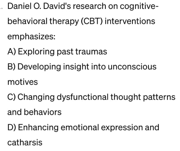 Solved Daniel O. ﻿David's research on cognitivebehavioral | Chegg.com