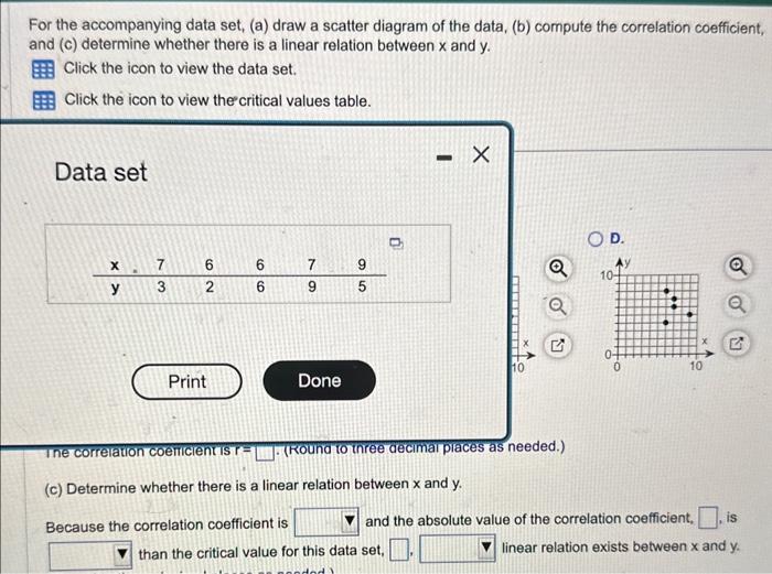 Solved For the accompanying data set, (a) draw a scatter | Chegg.com