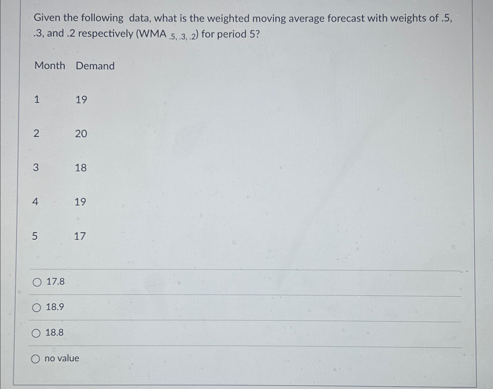 Solved Given the following data, what is the weighted moving | Chegg.com
