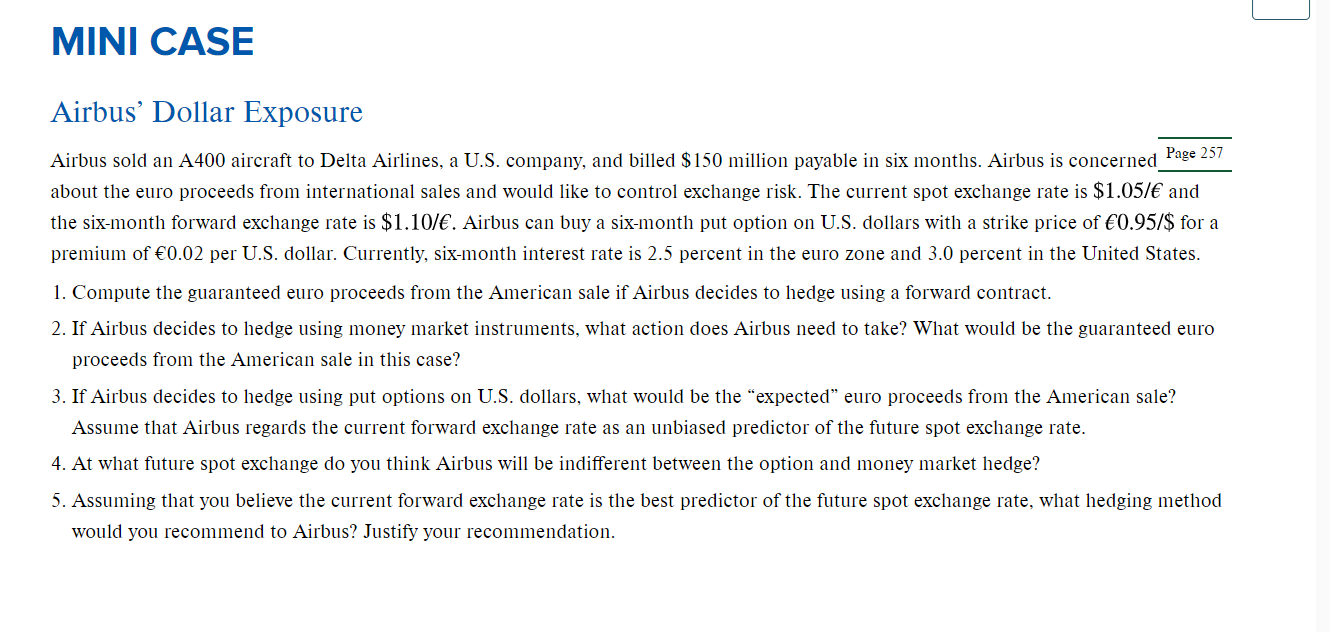 Solved MINI CASEAirbus' Dollar ExposureAirbus sold an A400 | Chegg.com