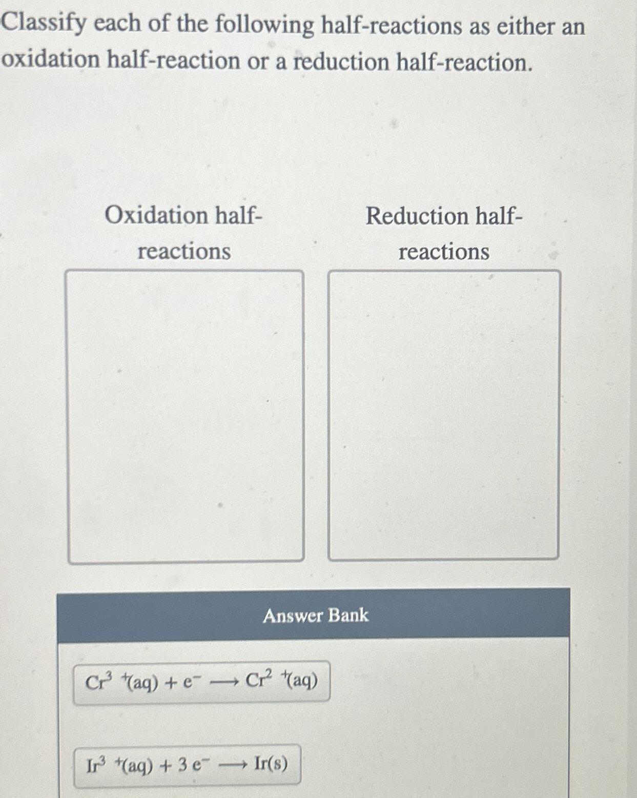 Solved Classify each of the following half-reactions as | Chegg.com