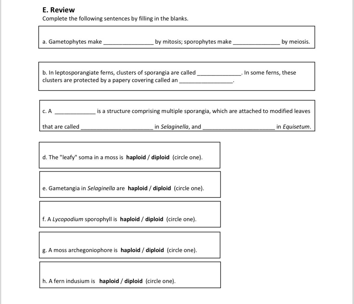 Solved E. ﻿ReviewComplete the following sentences by filling | Chegg.com