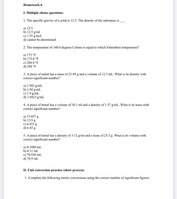Solved 1. The specific gravity of a solid is 12.5. The | Chegg.com