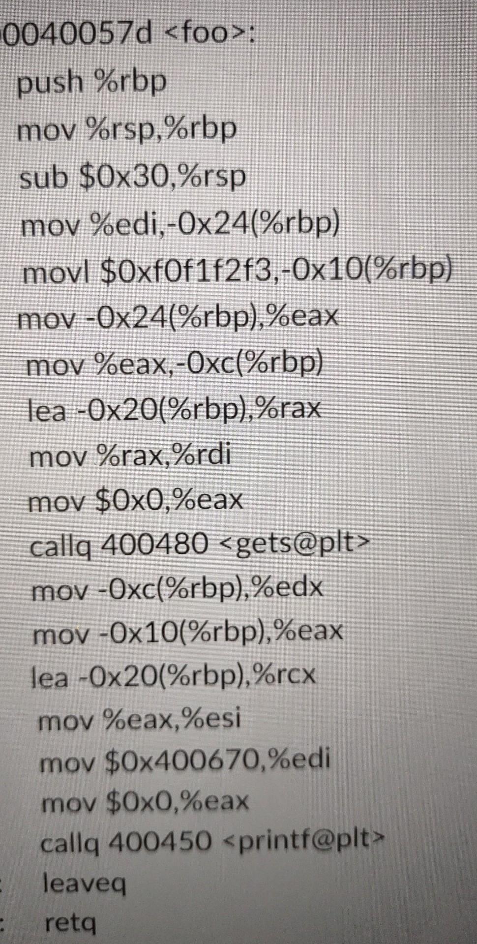 Solved 0040057d: push \%rbp mov \%rsp,\%rbp sub $0×30,% rsp | Chegg.com