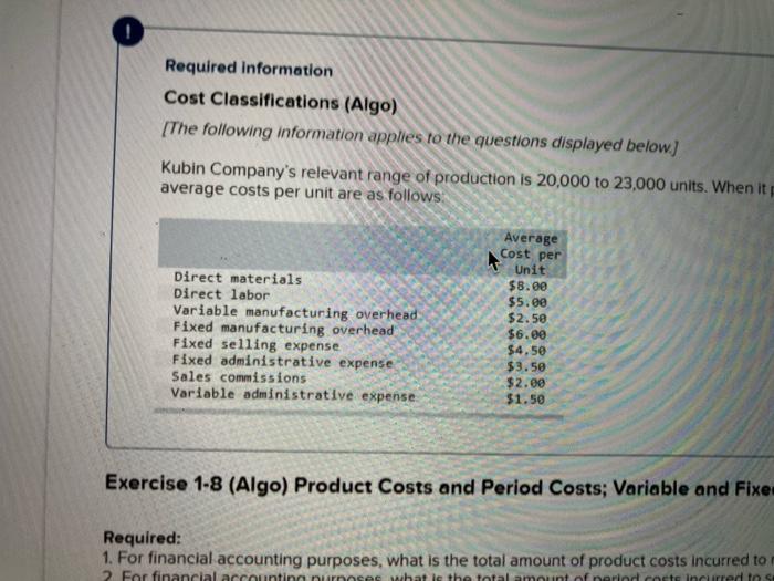 Required information Cost Classifications (Algo) [The | Chegg.com