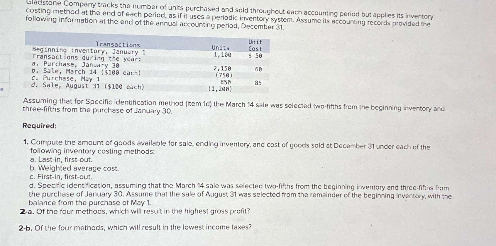 Solved Gladstone Company tracks the number of units | Chegg.com