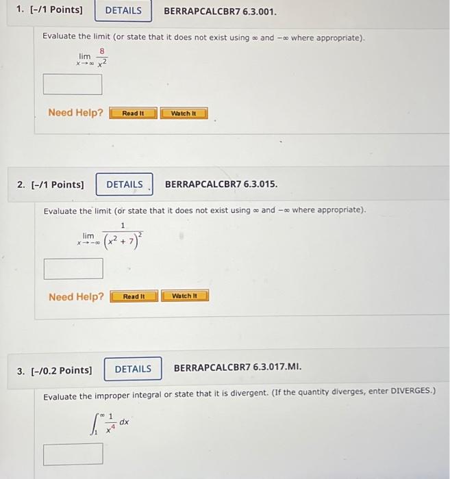 Solved [-/1 Points] BERRAPCALCBR7 6.3.001. Evaluate the | Chegg.com