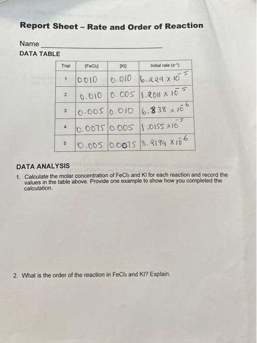 Report Sheet - Rate and Order of Reaction Name DATA | Chegg.com