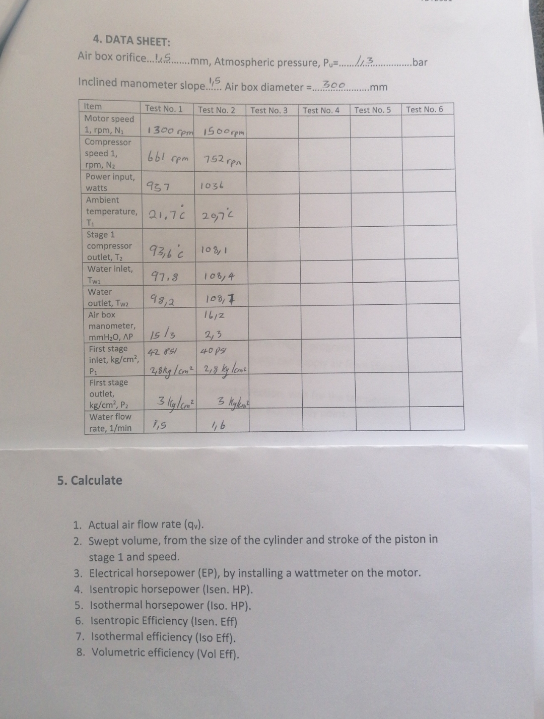 Solved DATA SHEET:Air box orifice...1,5.... q, ﻿mm , | Chegg.com