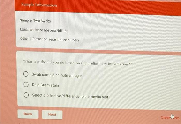 Solved Sample Information Sample: Two Swabs Location: Knee | Chegg.com