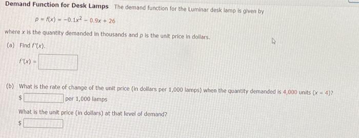 Solved Demand Function for Desk Lamps The demand function | Chegg.com
