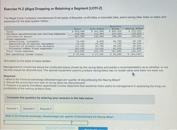 Solved Exercise 11-2 (Algo) Dropping or Retaining a Segment | Chegg.com