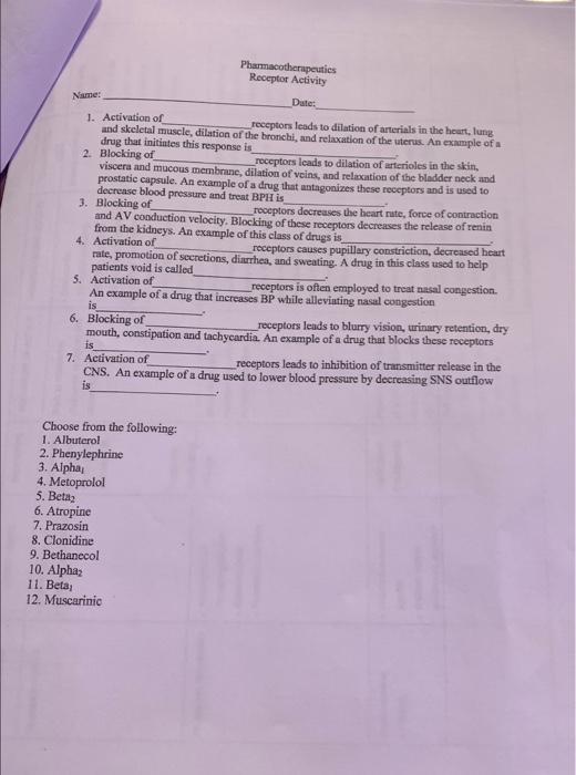 Solved Date: 1. Activation of and skeletal muscle, dilation | Chegg.com