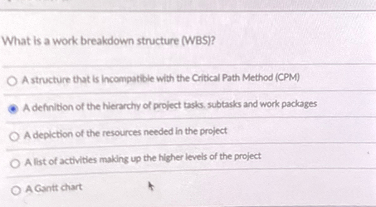 Solved What is a work breakdown structure (WBS)?A structure | Chegg.com