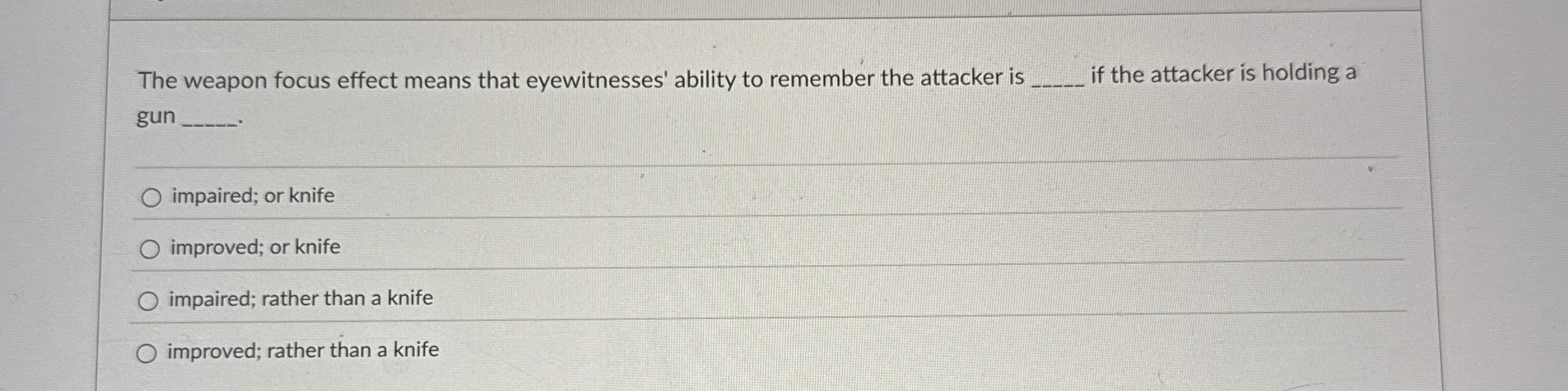 Solved The weapon focus effect means that eyewitnesses' | Chegg.com
