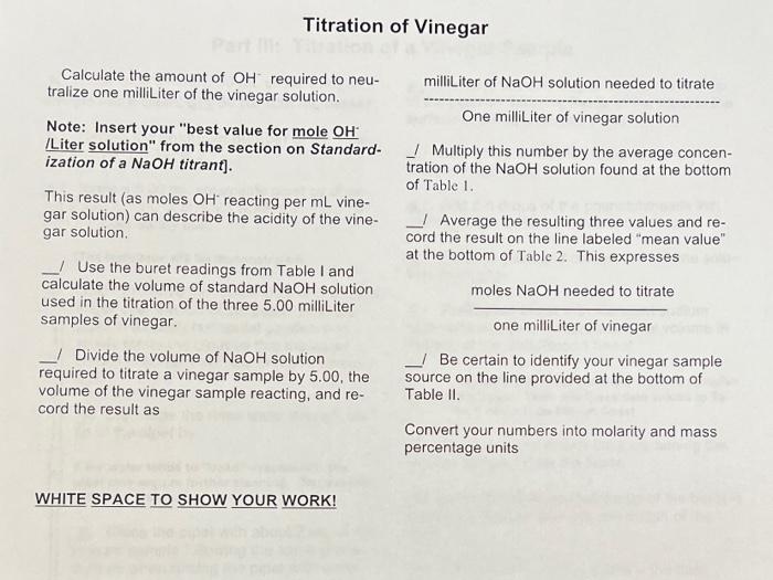 Table II: Titration of a Vinegar Sample [ From Table | Chegg.com