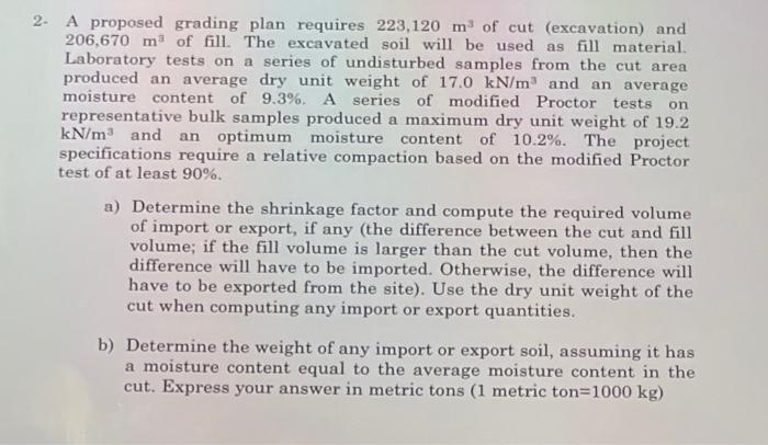 Solved 2. A proposed grading plan requires 223,120 m of cut | Chegg.com